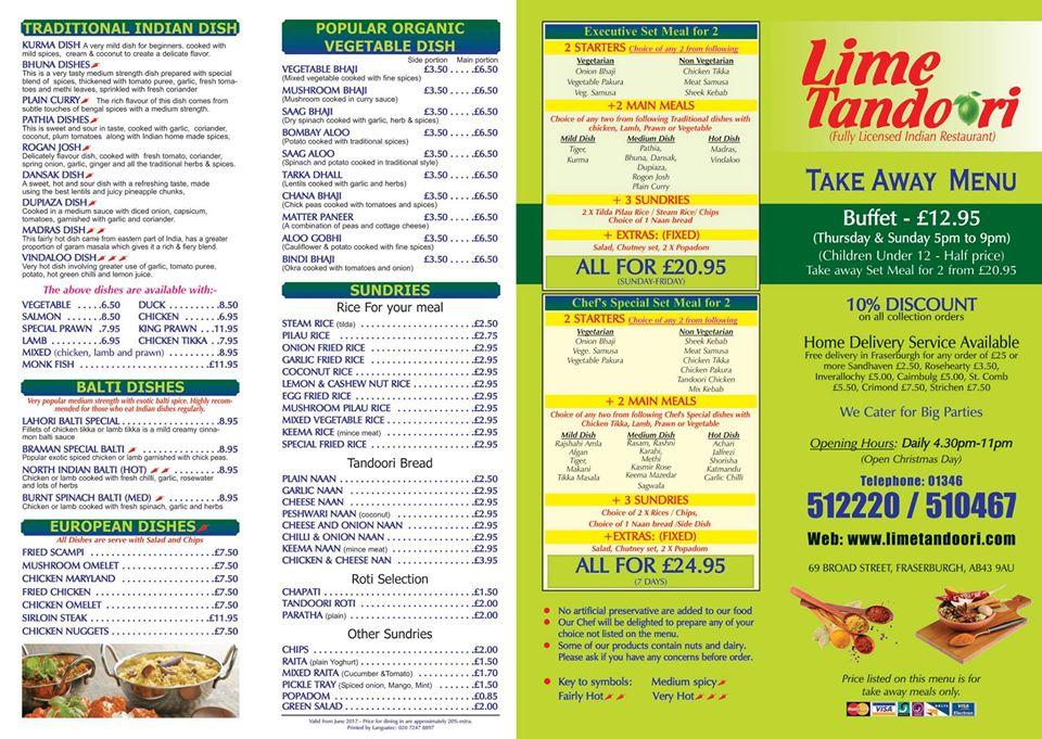 Menu at Lime Tandoori restaurant, Fraserburgh