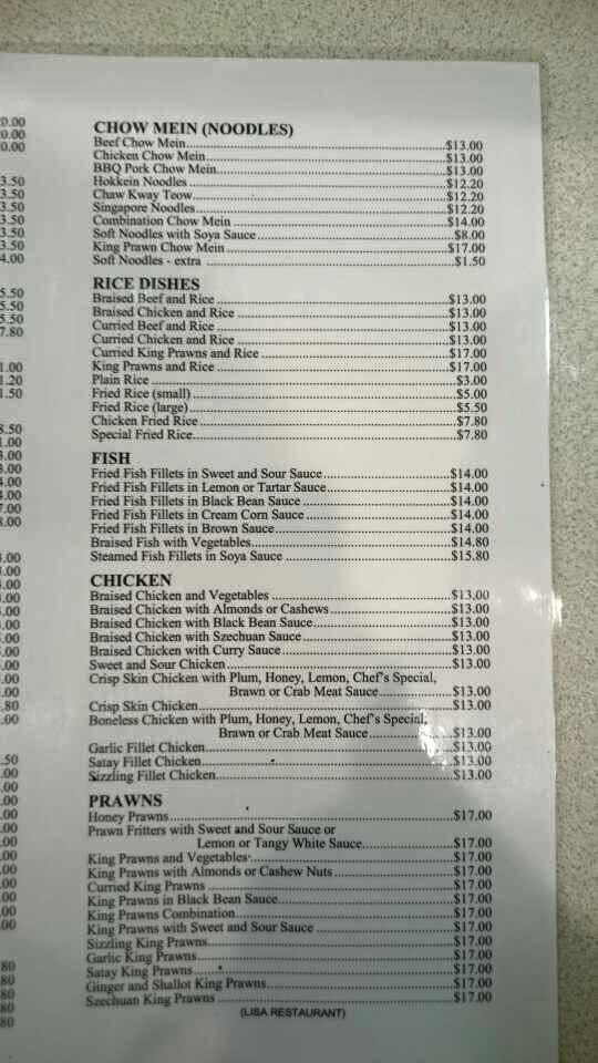 Menu at Lisa Chinese Restaurant - BYO, Chisholm