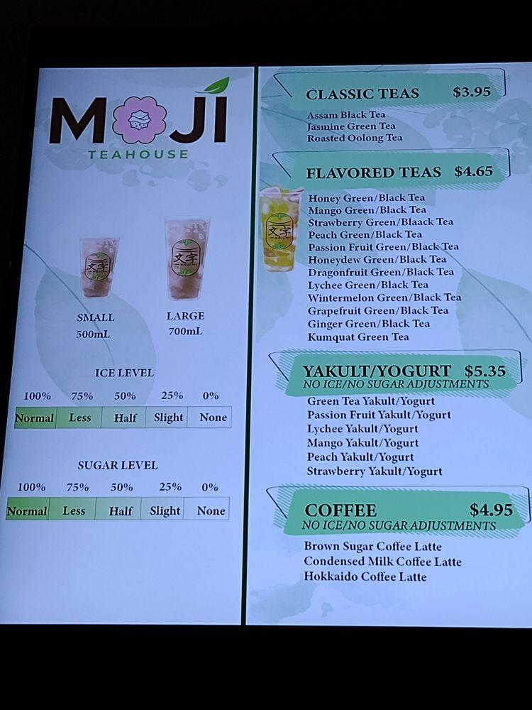 Menu at MOJI Teahouse cafe, Charlotte