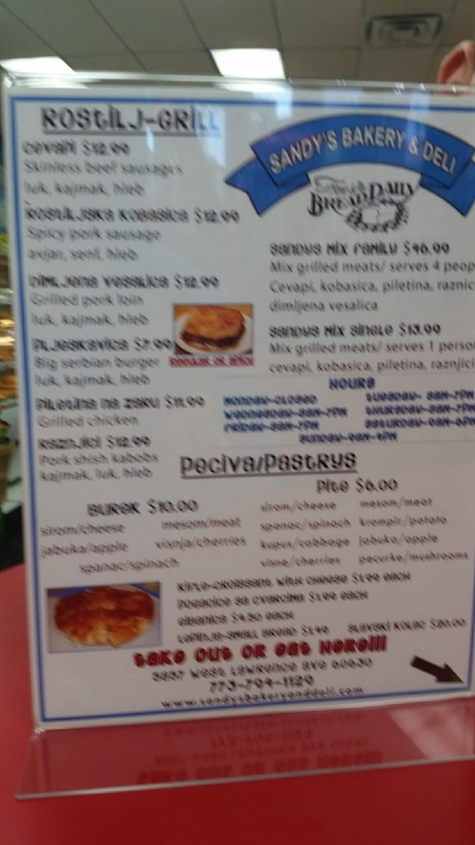 Menu at Sandy's Bakery & Deli, Chicago
