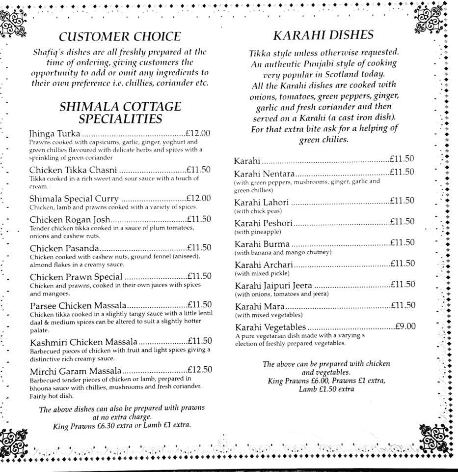 Menu at Shafiq's Shimla Cottage restaurant, Bridge of Weir