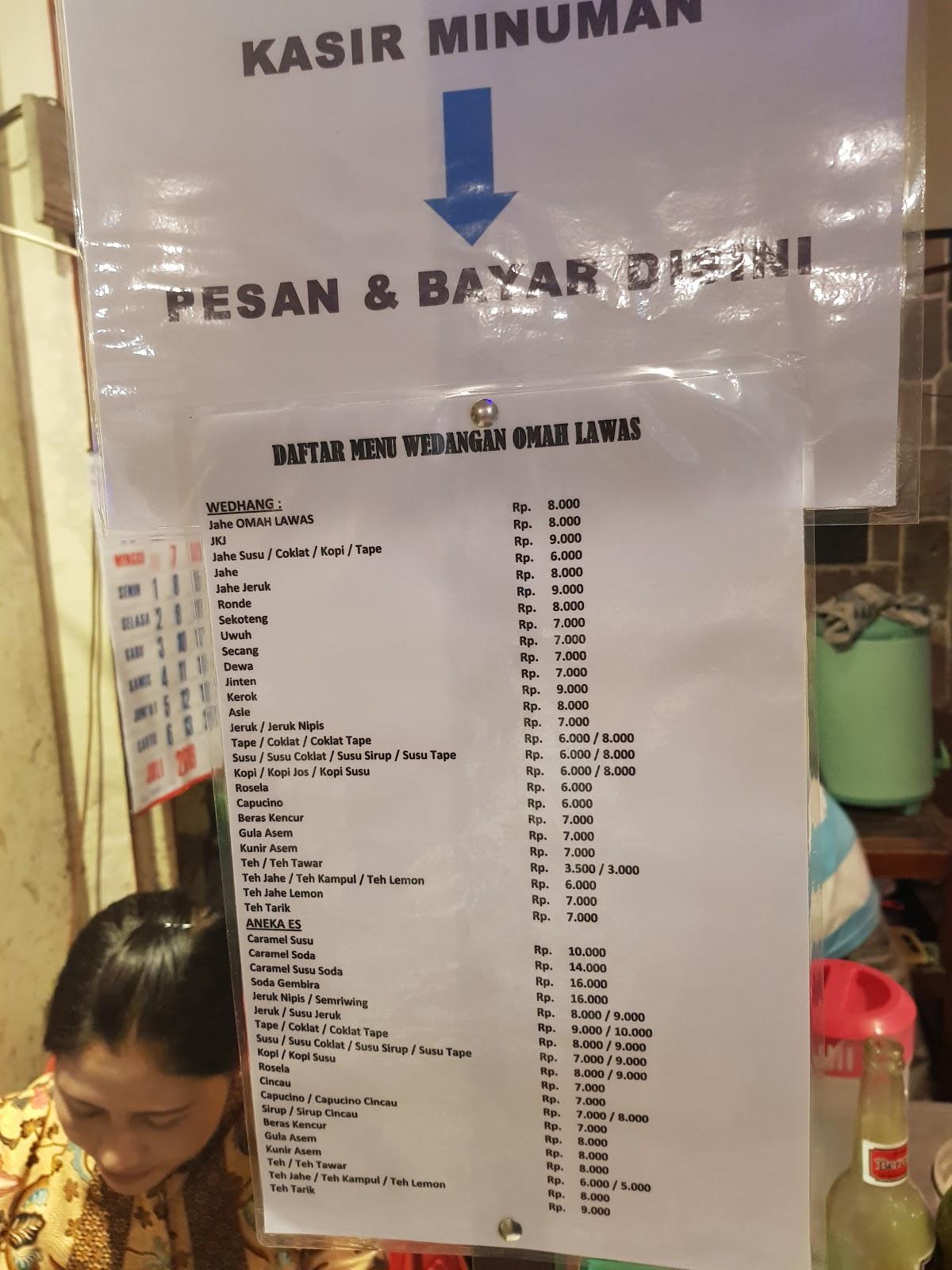 Carta del restaurante Wedangan Omah Lawas, Surakarta