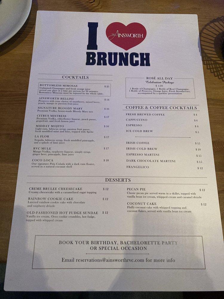 Menu at Ainsworth RVC restaurant, Rockville Centre