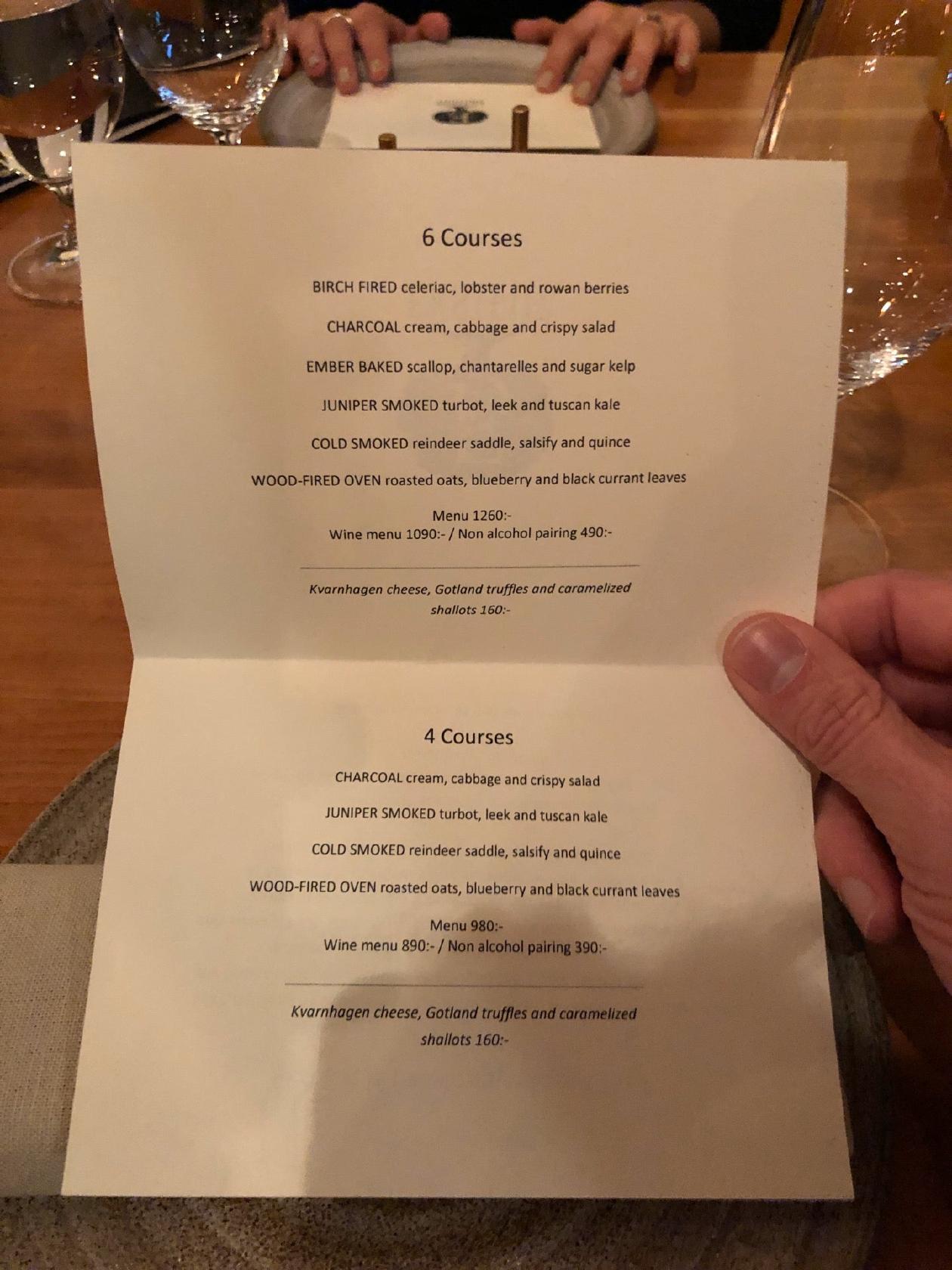 Menu at Ekstedt restaurant, Stockholm