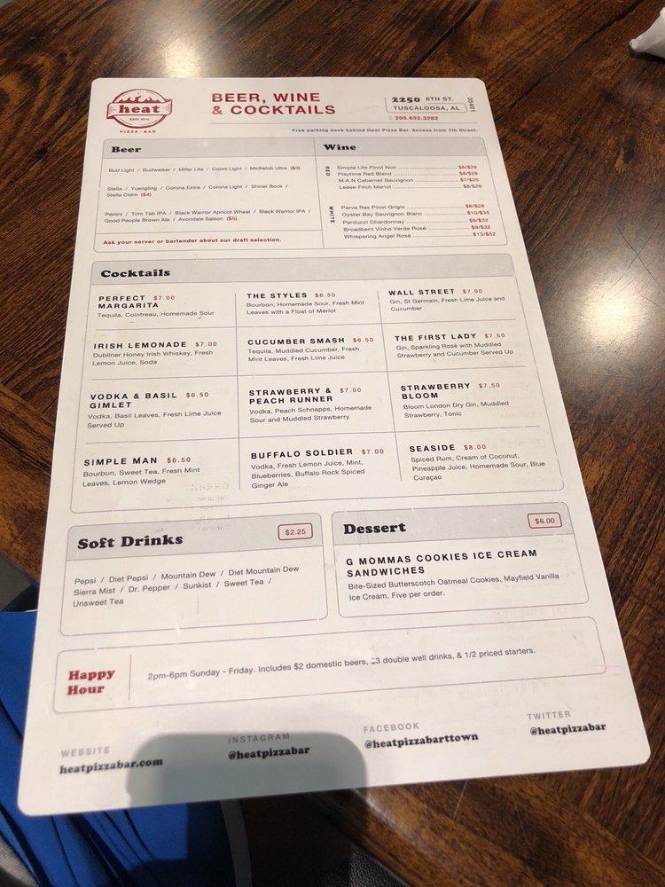 Menu at Heat Pizza Bar, Tuscaloosa, 6th St