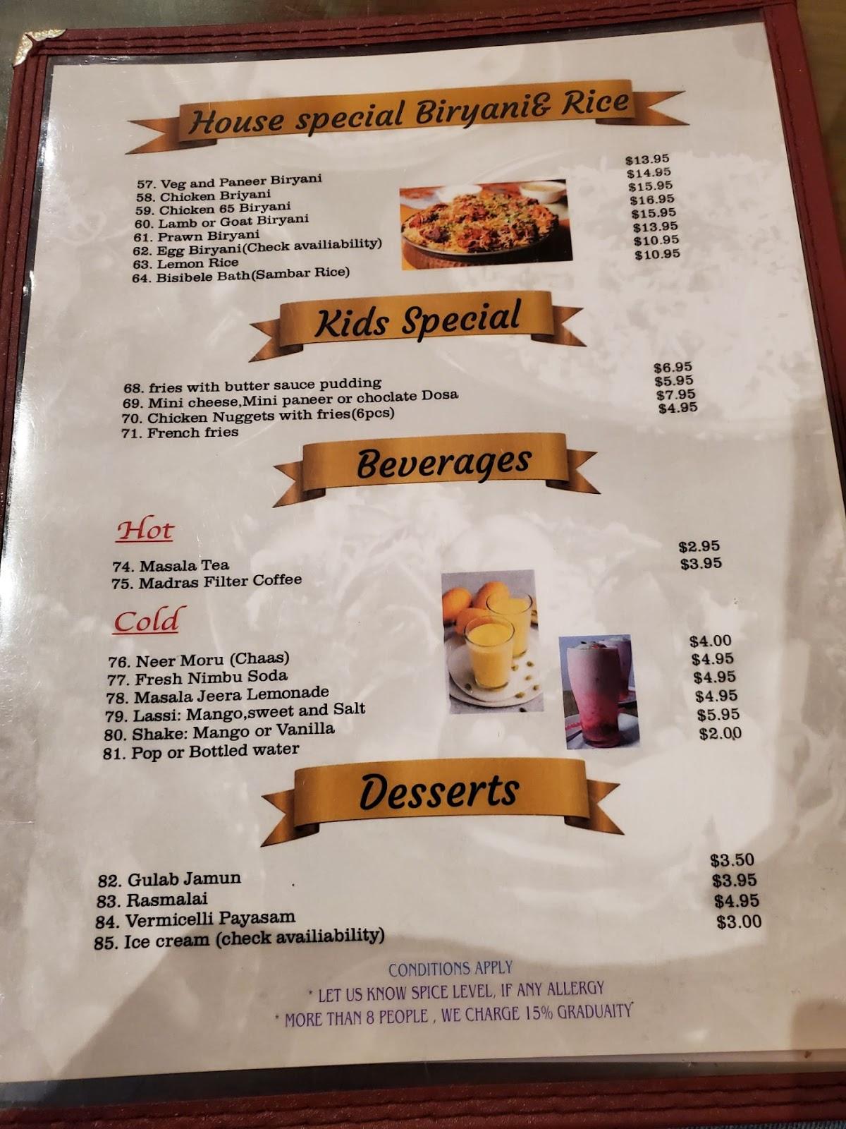 Menu at Krishna's Dosa Palace restaurant, Surrey
