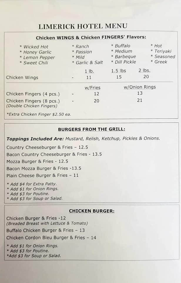 Menu at Limerick Hotel pub & bar, Limerick