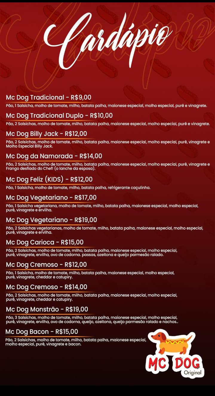 Menu em MC DOG restaurante, Alfenas
