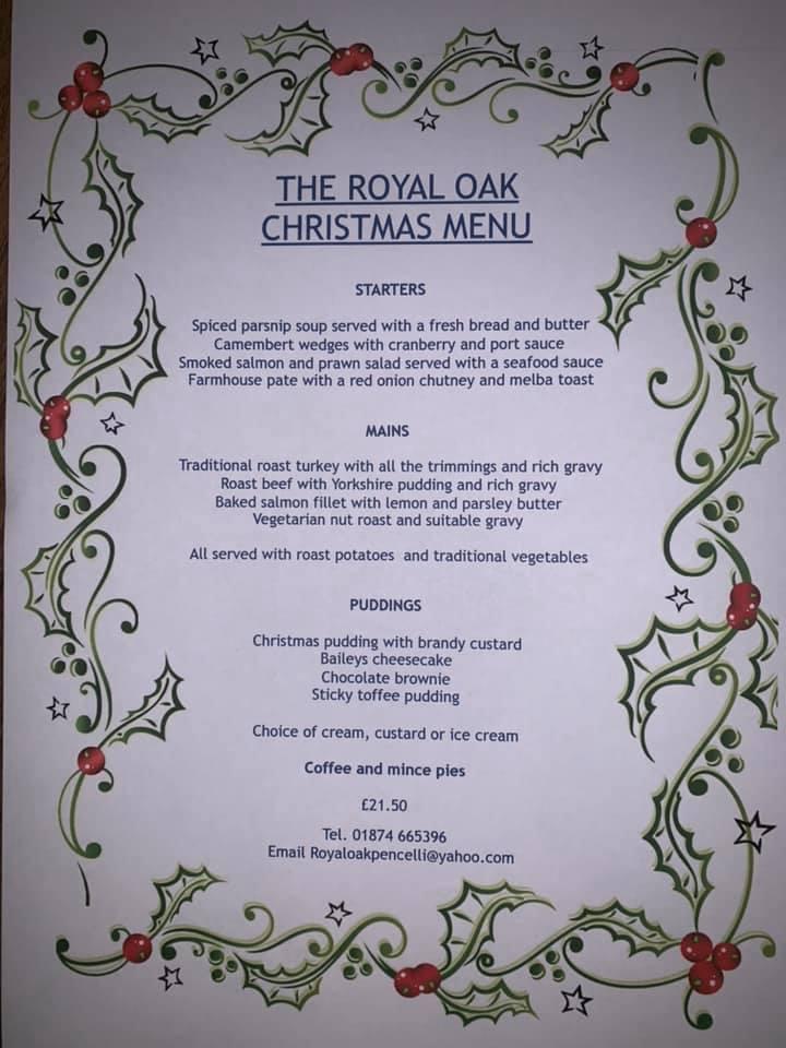 Menu at Royal Oak pub & bar, England, Pencelli
