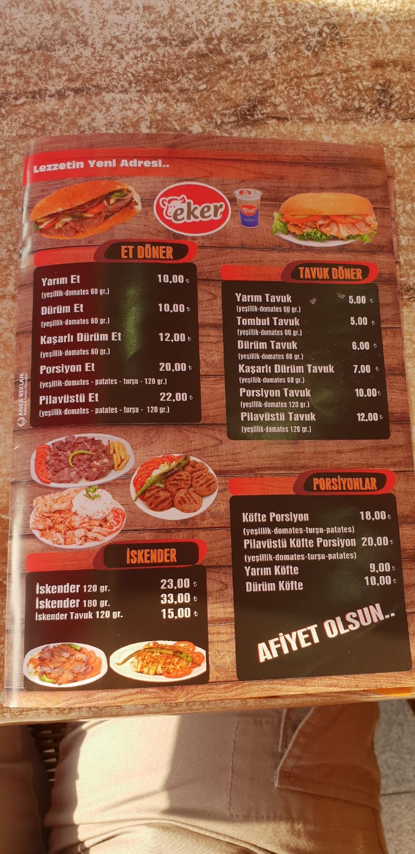 Menu at Taksim Doner, Yalova