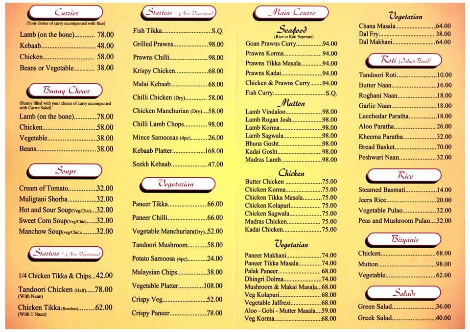 Menu at Bombay Blu restaurant, Durban