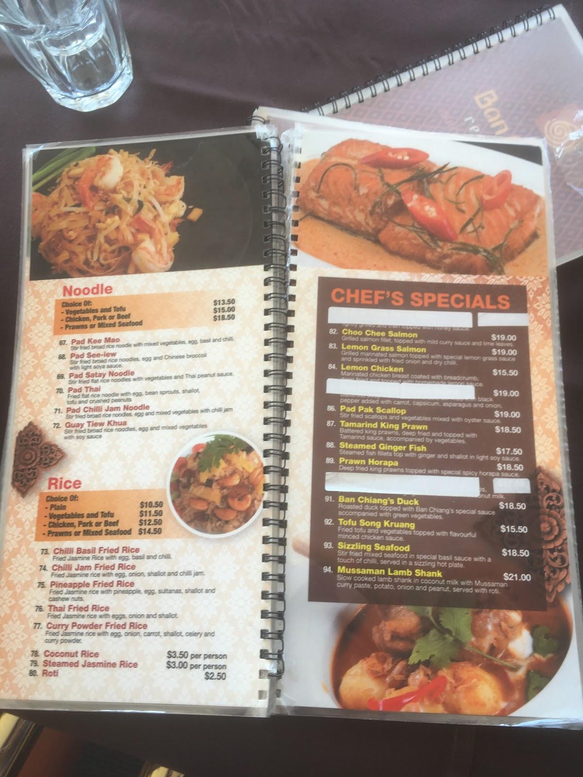 Menu at Ban chiang Restaurant, Dapto