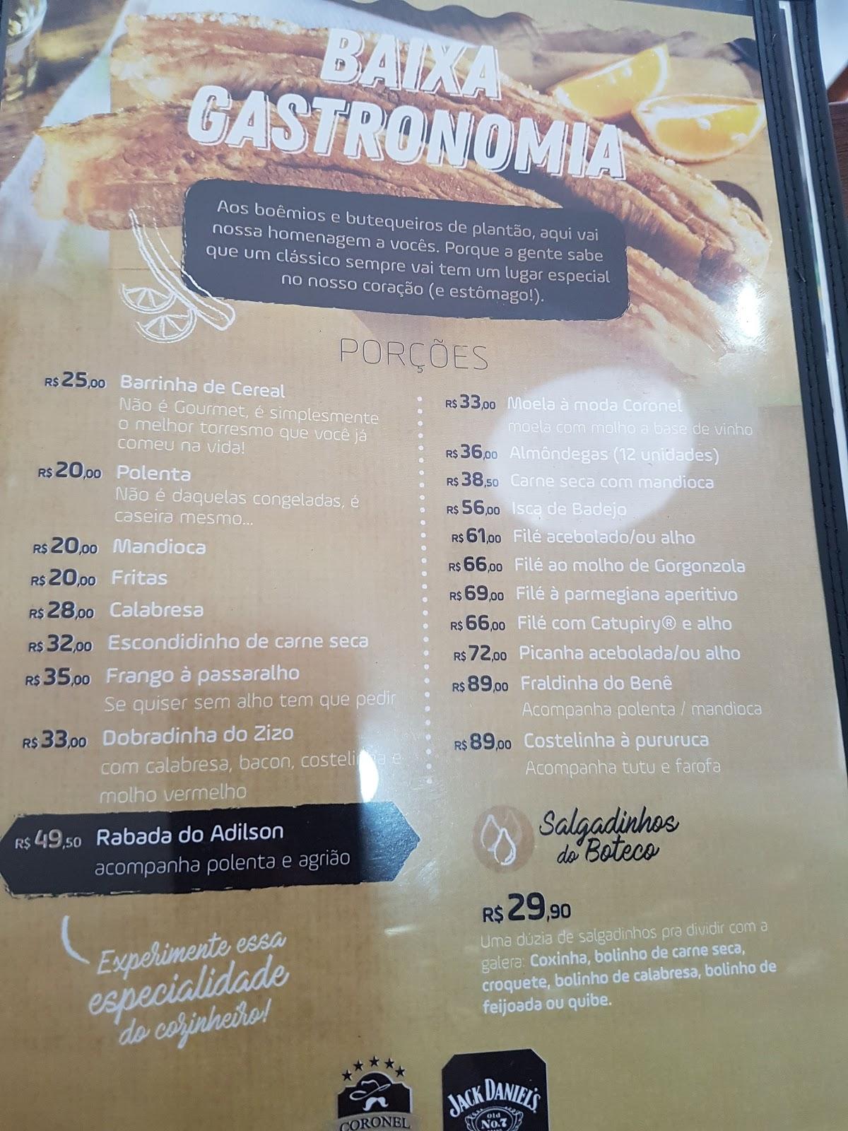 Menu em Bar Coronel, São José dos Campos, Rua Francisco Rafael