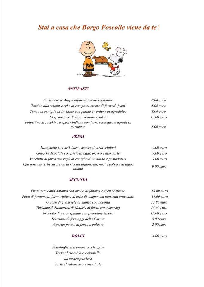 Menu at Borgo Poscolle restaurant, Cavazzo Carnico