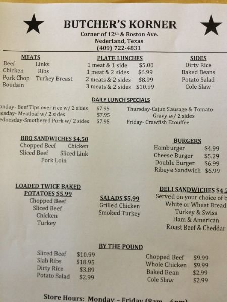 Menu at Butchers Korner BBQ, Nederland