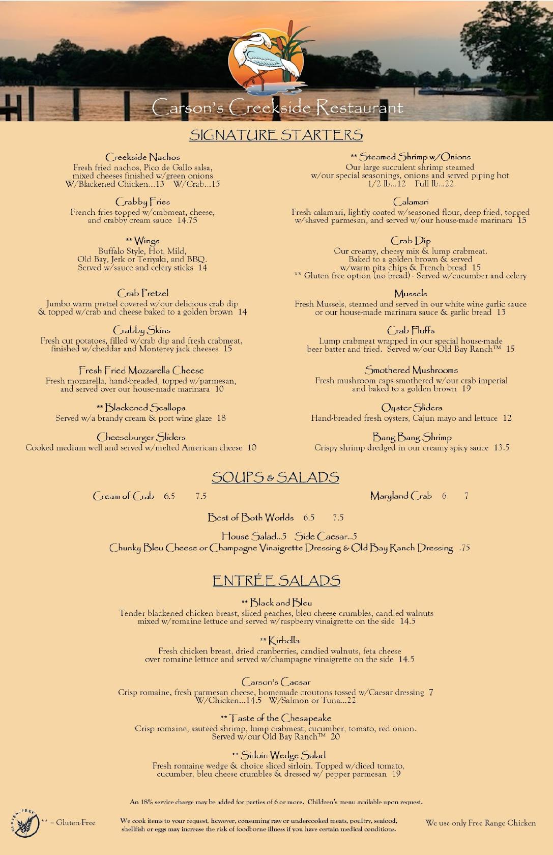 Menu at Carson's Creekside Restaurant, Middle River