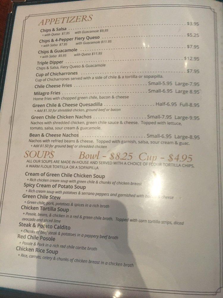 Menu at El Milagro Restaurant, Santa Fe, Zafarano Dr C