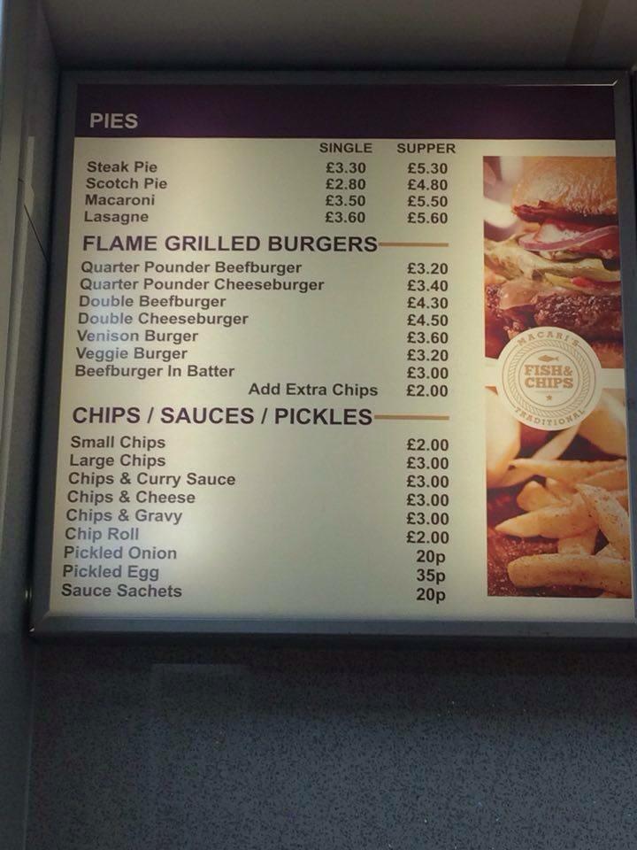 Menu at Macari's restaurant, Fort William