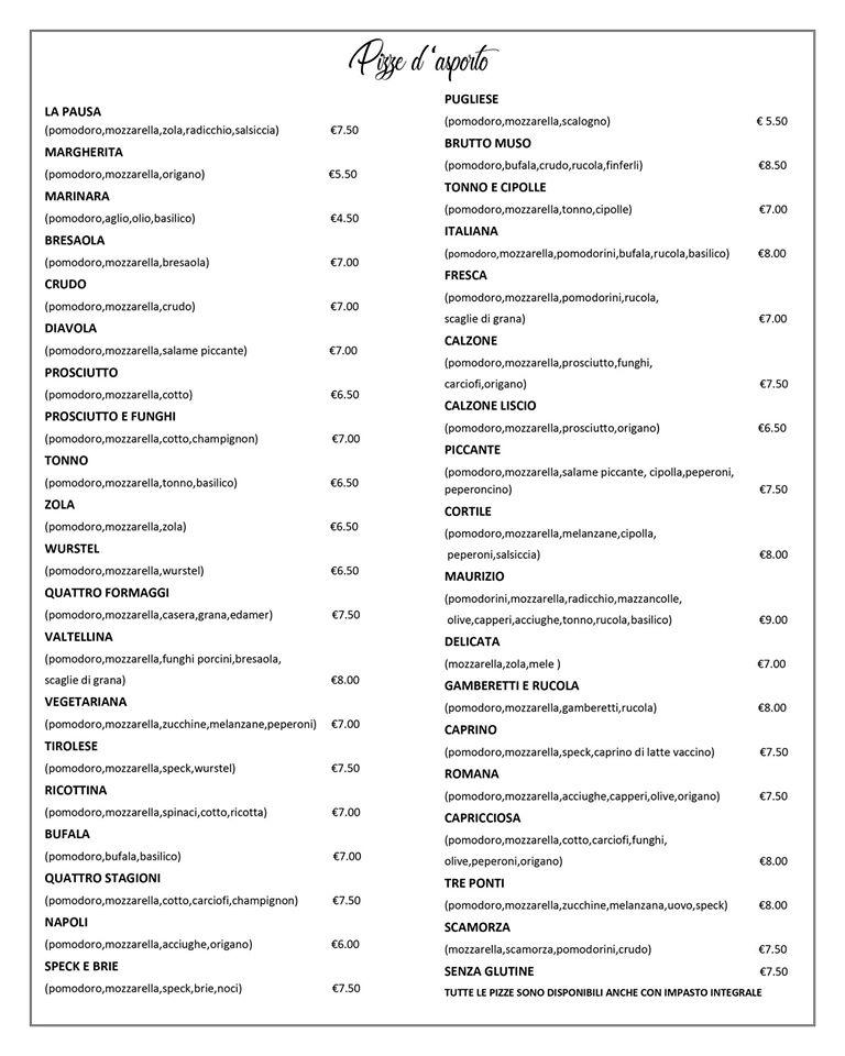 Menu da Pizzeria La Pausa, Torre di Santa Maria