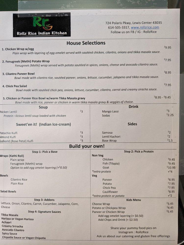 Carta del restaurante Rollz Rice Indian Kitchen, Lewis Center, 724 ...
