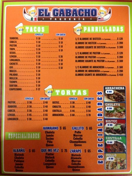 Menu at El Gabacho Taquería restaurant, Mexico City