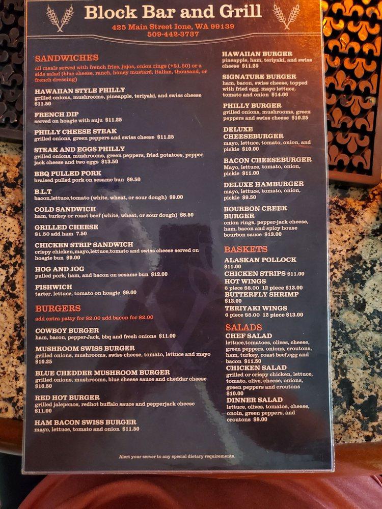 Menu at The Block Bar n Grill, Ione