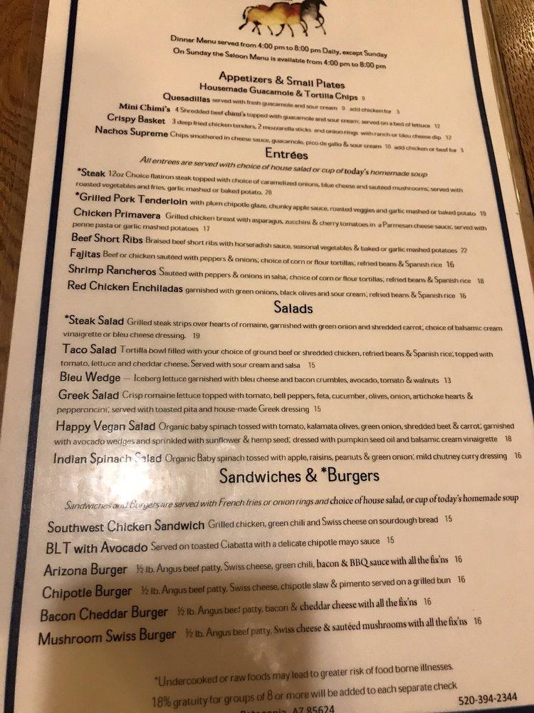 Menu at Wild Horse Restaurant, Patagonia
