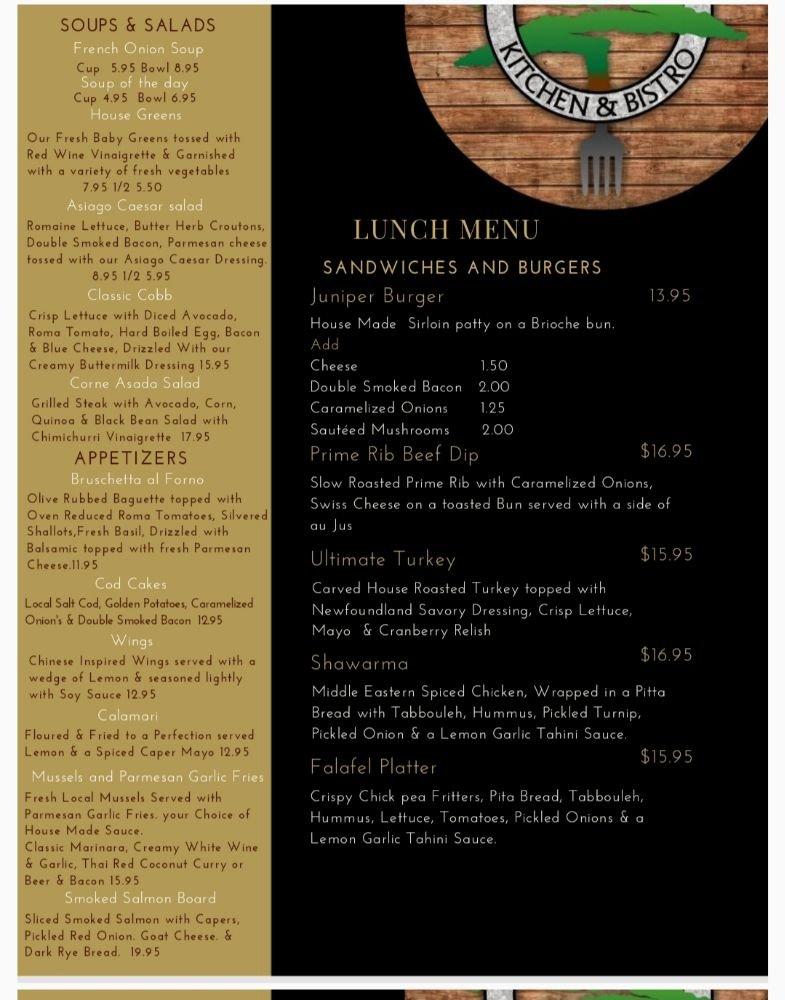 Menu at Juniper Kitchen & Bistro restaurant, Grand Falls-Windsor