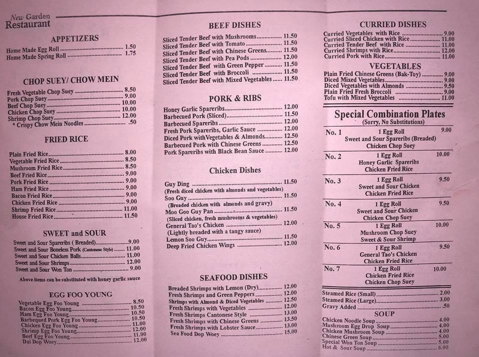 Menu at New Garden Restaurant, Kingston