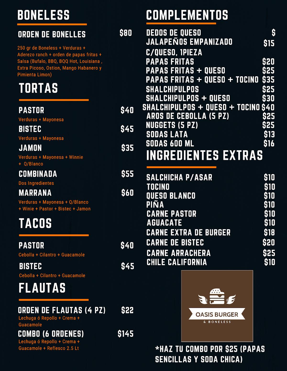 Carta del restaurante Oasis Burger & Boneless, Ciudad Juarez