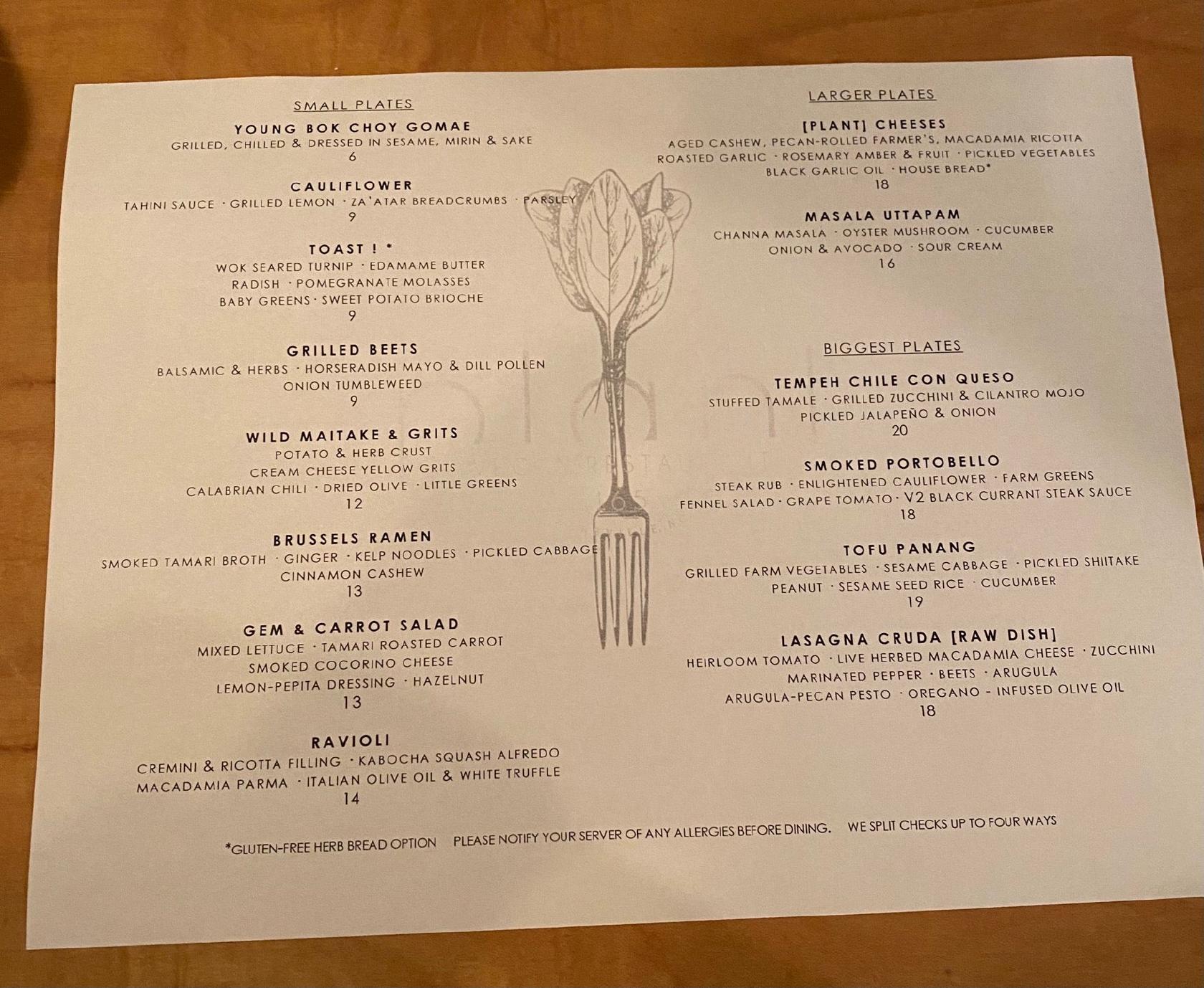 Menu at plant restaurant, Asheville