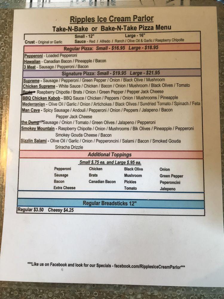 Menu at Ripples Ice Cream Parlor pizzeria, Plains