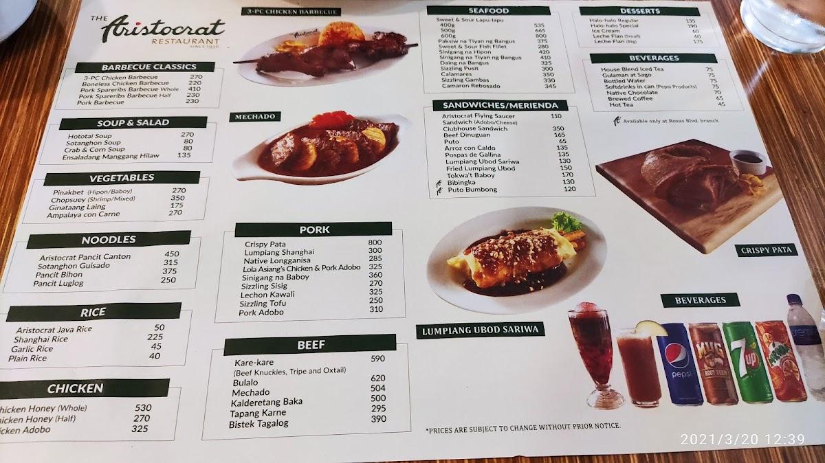 Menu at The Aristocrat Restaurant - Robinsons Place Manila, Manila ...