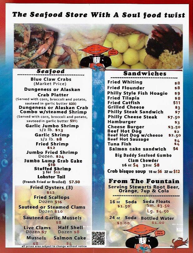 Menu at Big Daddy's Seafood & Rib Ranch (Williamstown) BBQ, Washington ...