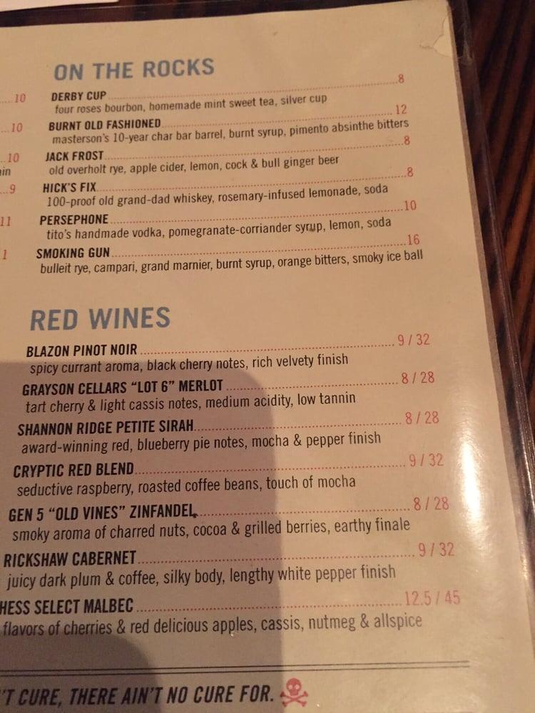 Menu at Char Bar, Kansas City
