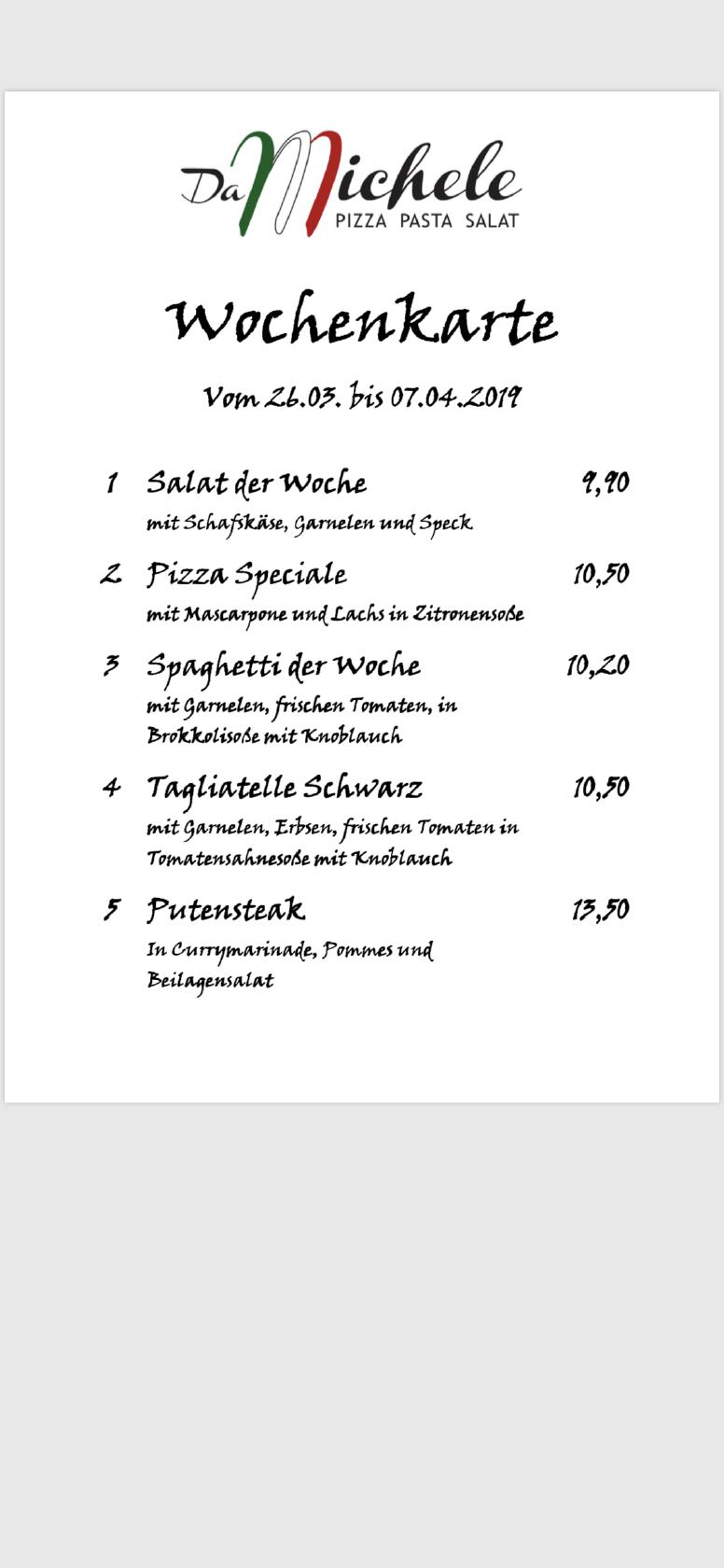 Speisekarte von Da Michele pizza, Alfter