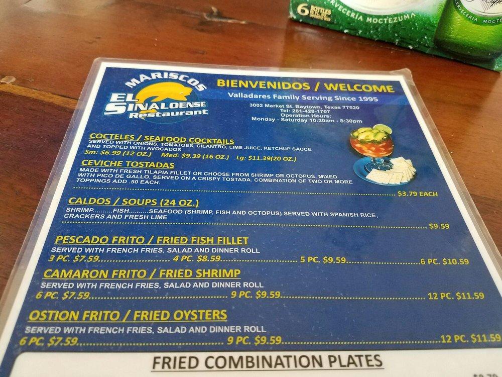 Menu at El Sinaloense restaurant, Baytown