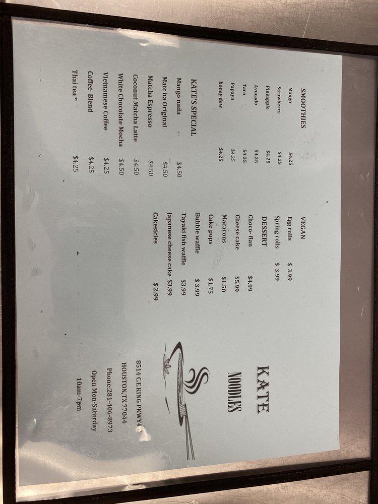 Menu at Kate Noodles restaurant, Houston