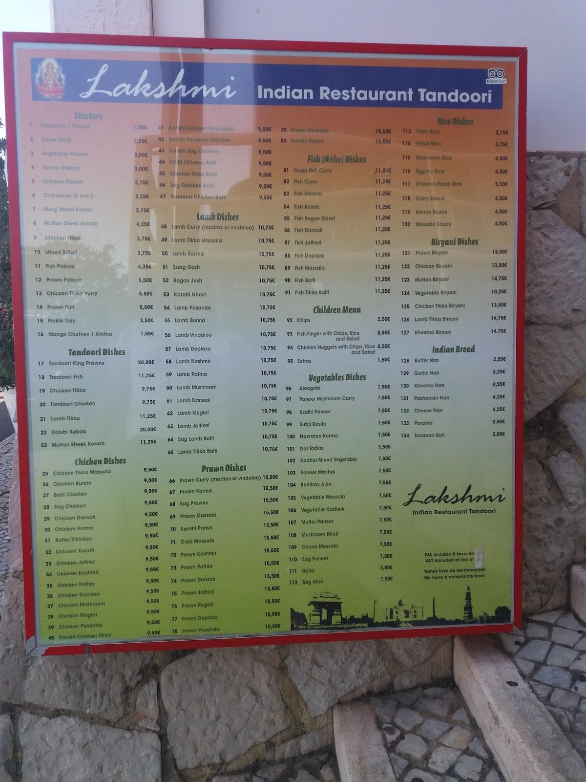 Menu at Lakshmi Indian Restaurant, Quarteira