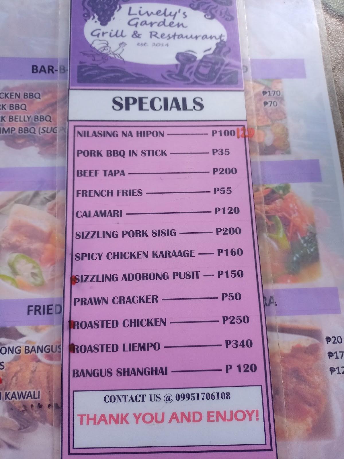 Carta de Livelys garden grill and restaurant, Roxas