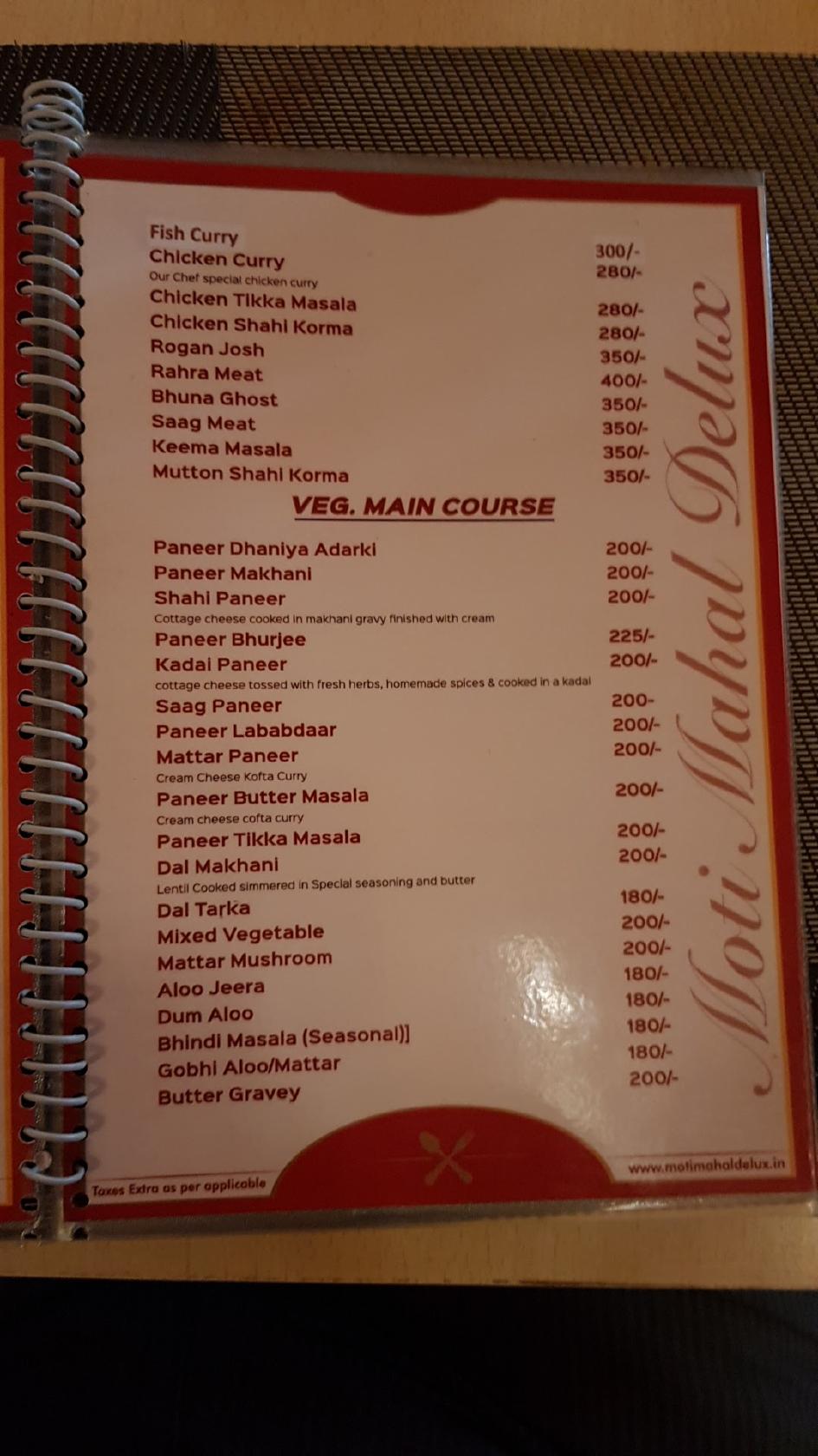 Menu at Moti Mahal Delux, Mussoorie, Kulri