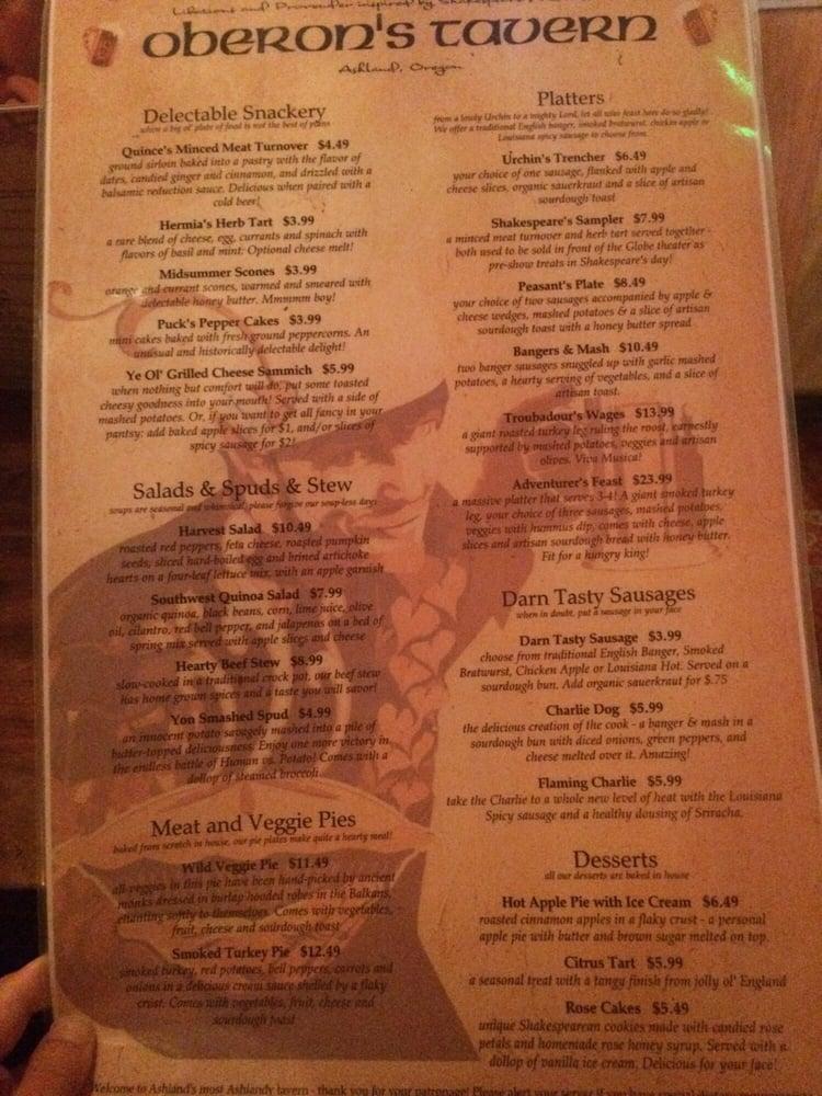 Menu at Oberon's Restaurant & Bar, Ashland