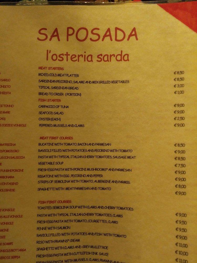Menu at Sa Posada restaurant, Rome