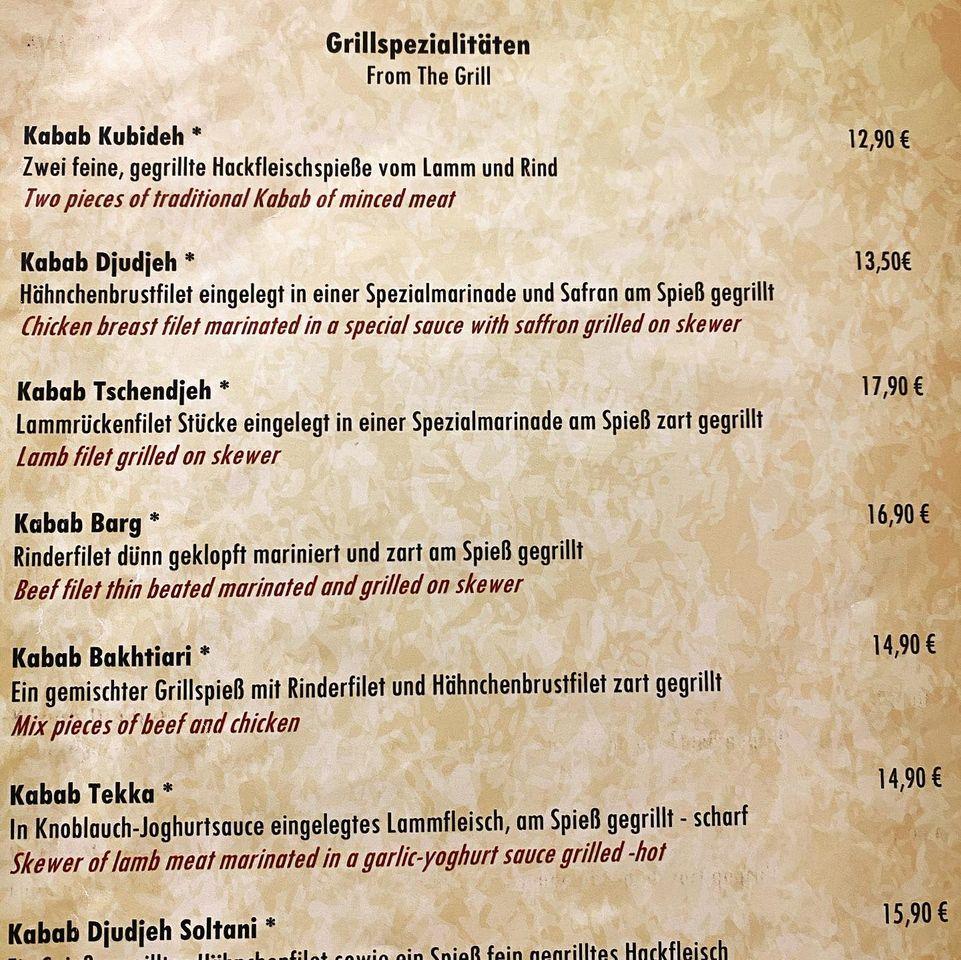 Menu at Shandiz restaurant, Munich