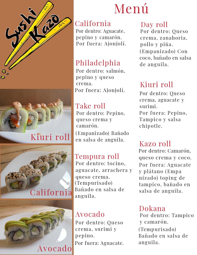 Menu at Sushi kazo restaurant, Cancún
