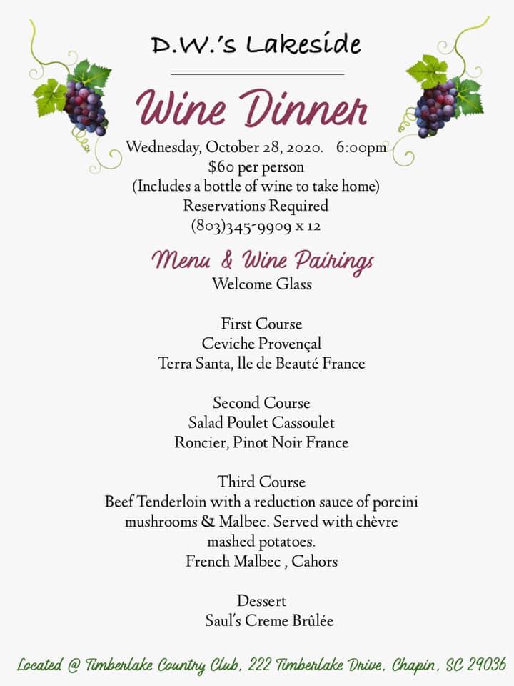 Menu at Timberlake Country Club, USA