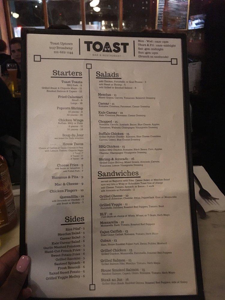 Menu at Toast 125 restaurant, New York City, Broadway