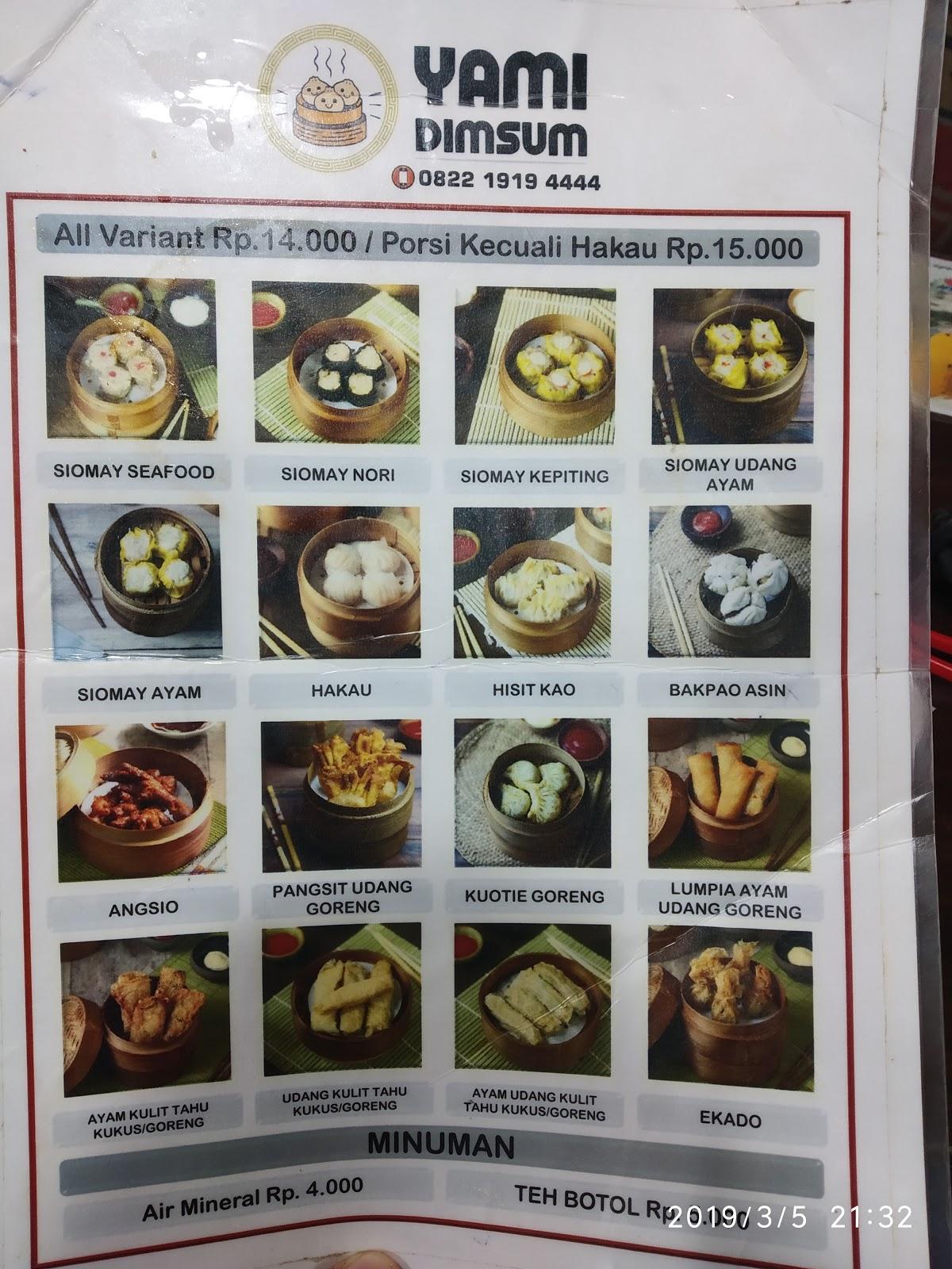 Menu at YAMI DIMSUM restaurant, Bandung