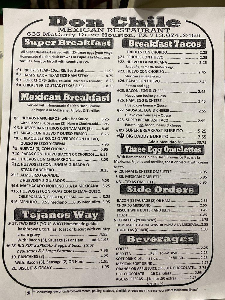 Menu at Don Chile Mexican Restaurant, Houston