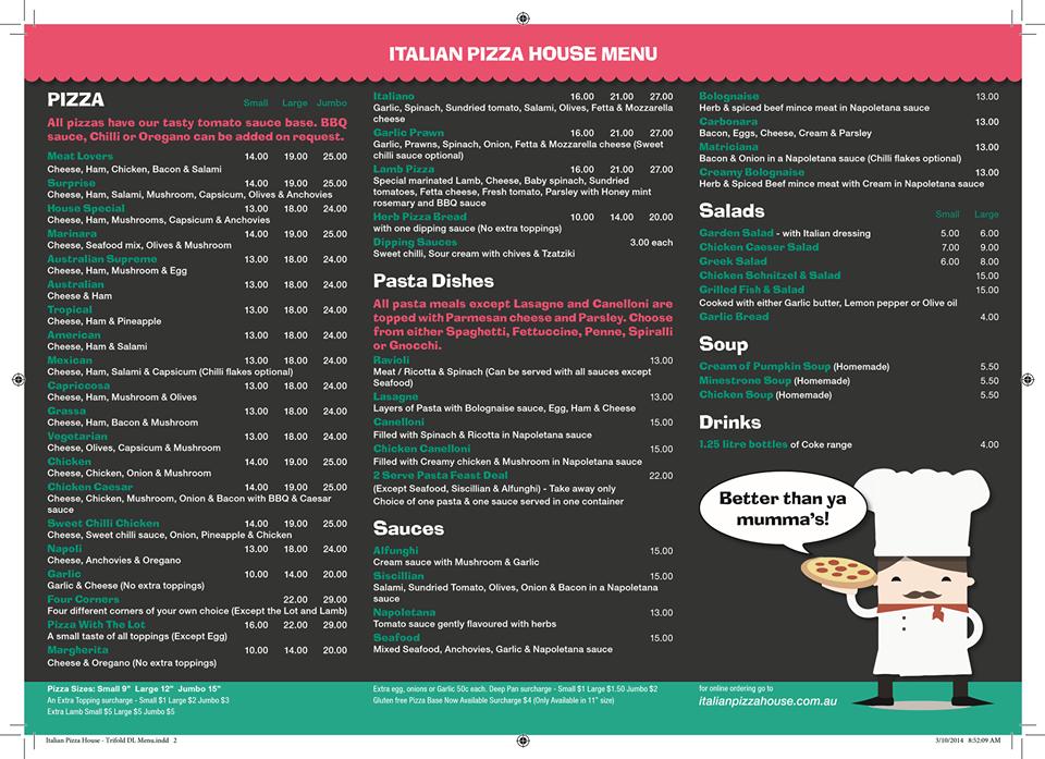 Menu at Italian Pizza House pizzeria, Launceston